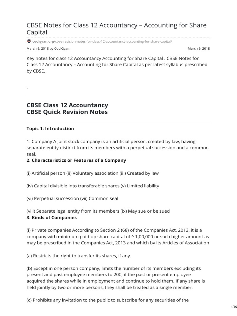 CBSE Notes For Class 12 Accountancy Accounting For Share Capital | PDF ...