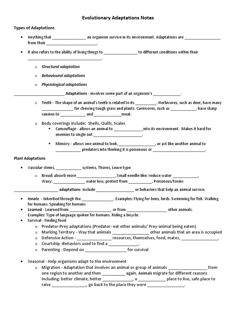 Evolutionary Adaptations Notes | PDF | Adaptation | Heredity