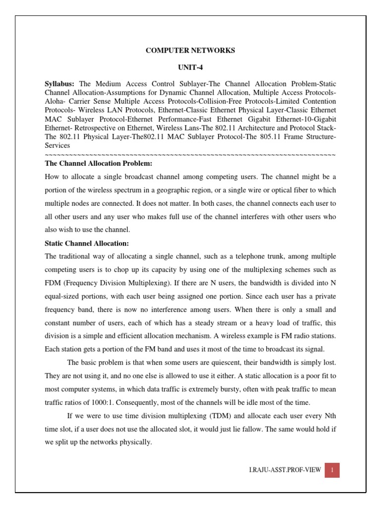 Computer Networks UNIT-4 Syllabus: The Medium Access Control Sublayer-The Channel Allocation ...