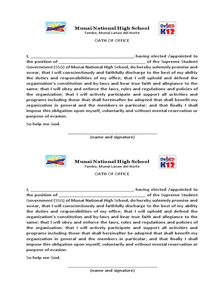 SSG Oath Taking Script | PDF | Oath Of Office | Public Law