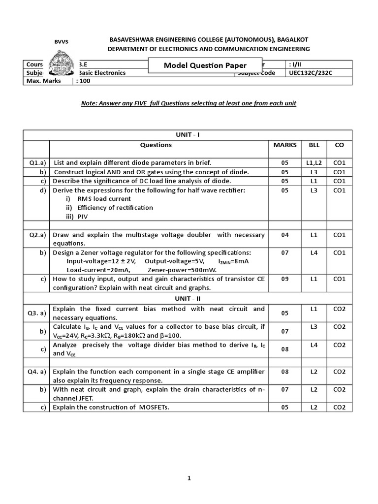 Model Question Paper: Unit - I Questions Marks BLL CO | PDF | Rectifier ...