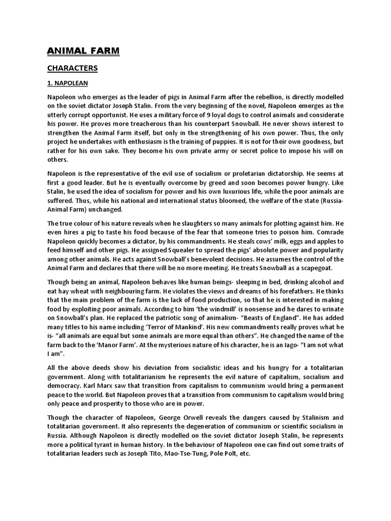 Animal Farm Characters: 1. Napolean | PDF | Political Theories