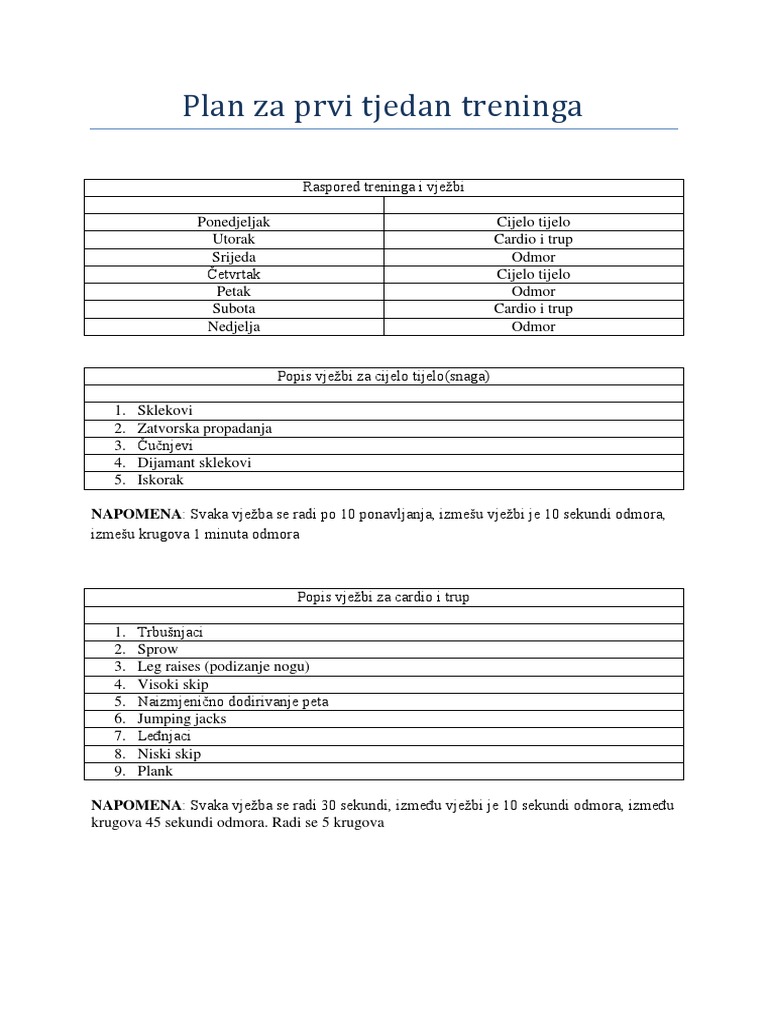 Plan Za Prvi Tjedan Treninga | PDF