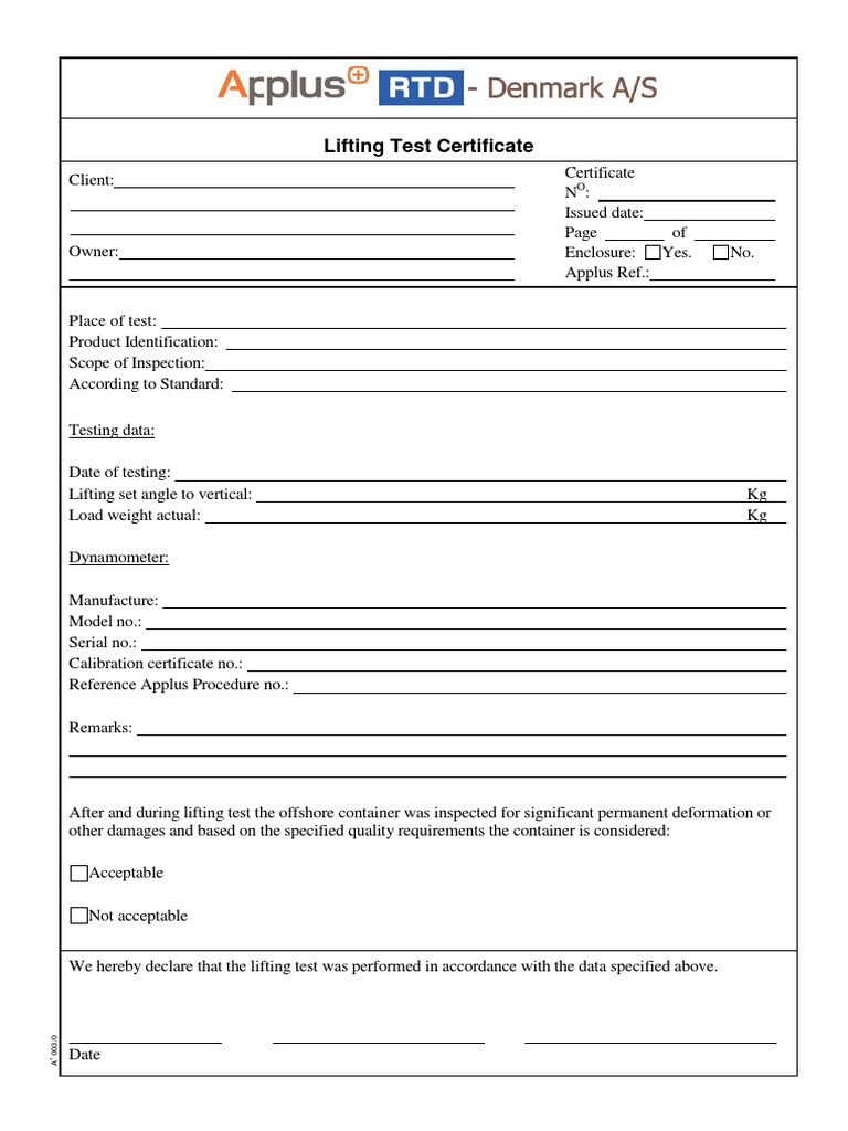 Lifting Test Certificate | PDF