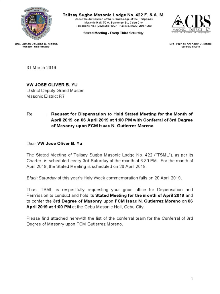 Request for Dispensation for April 2019 SM with Raising of FCM I N ...