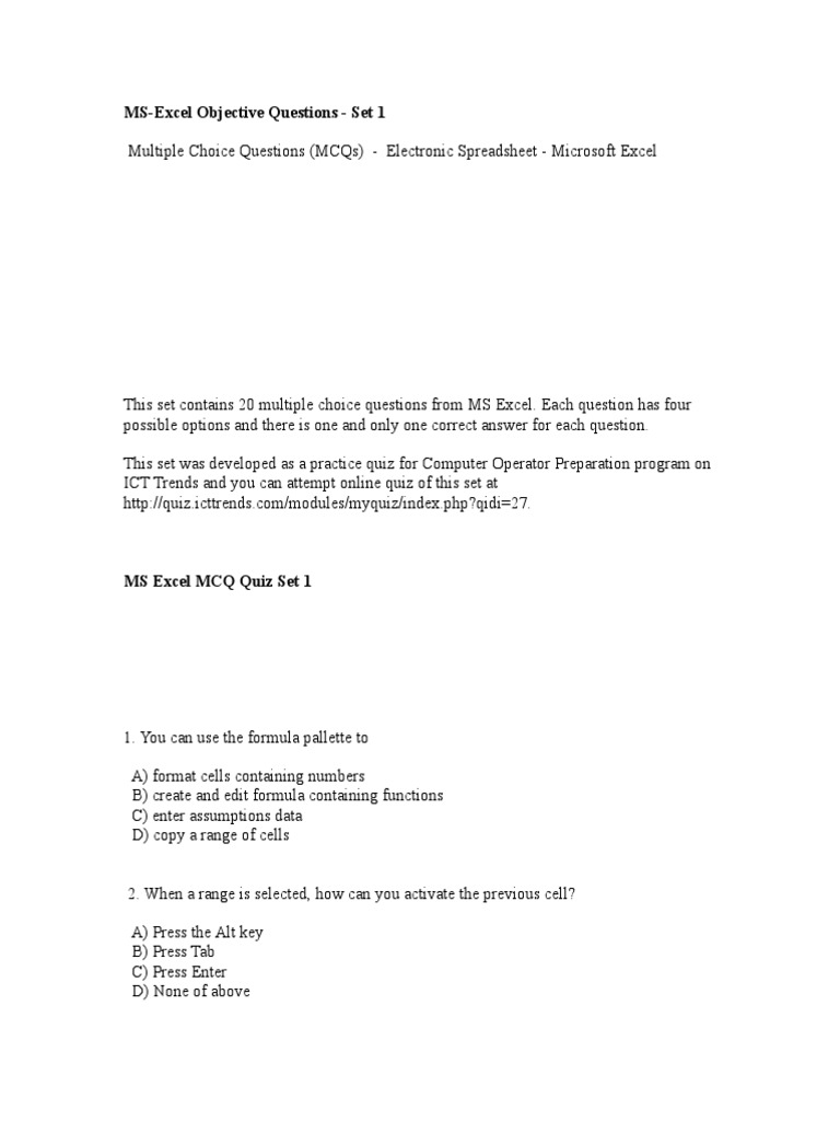 MS Excel MCQ Quiz | PDF | Spreadsheet | Multiple Choice