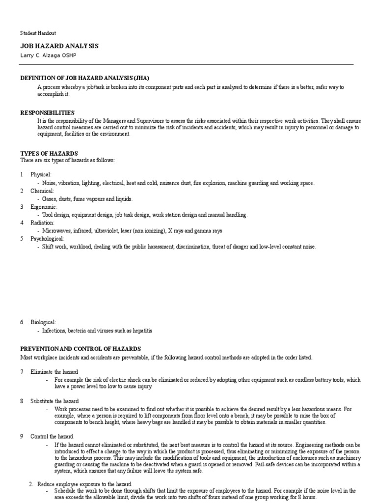 Day 3 Job Hazard Analysis (Handout) | PDF | Hazards | Personal ...