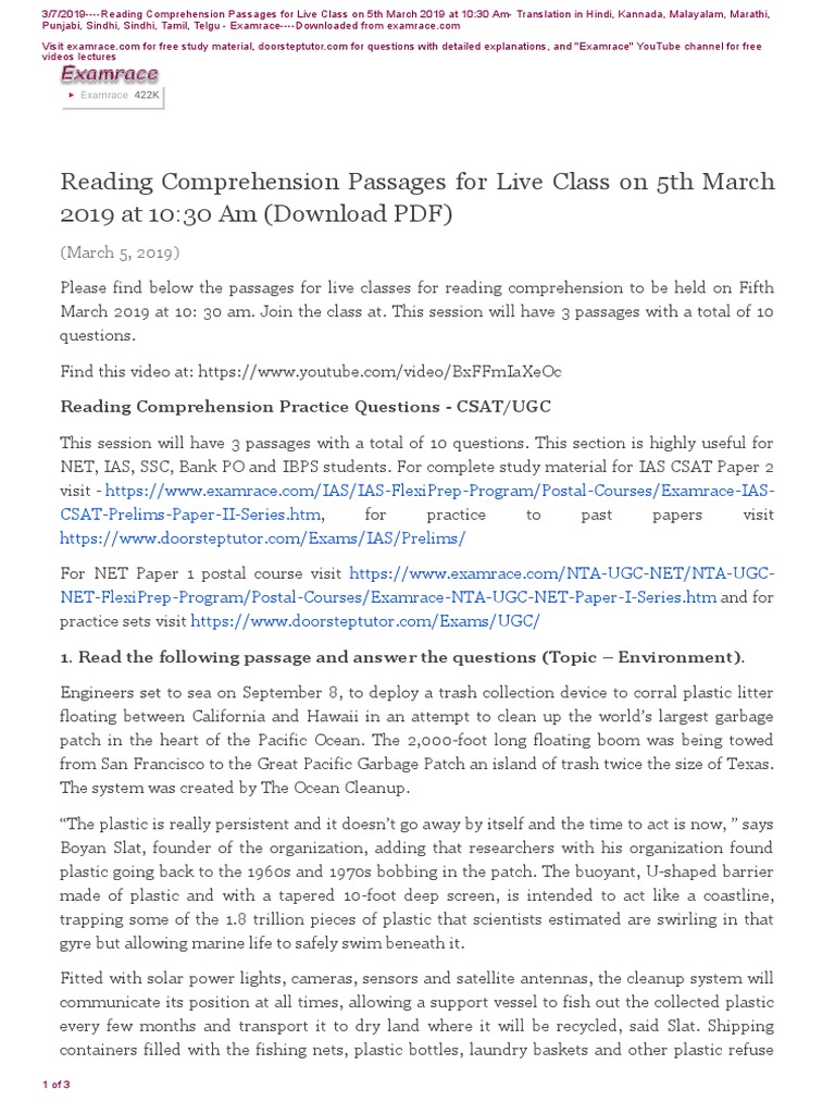 Reading Comprehension Passages For Live Class On 5th March 2019 at 10 ...