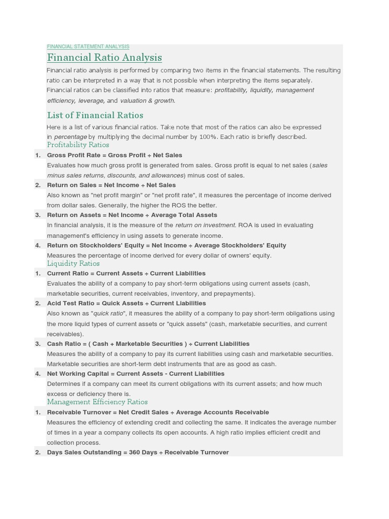 Financial Ratio Analysis: List of Financial Ratios | Download Free PDF ...