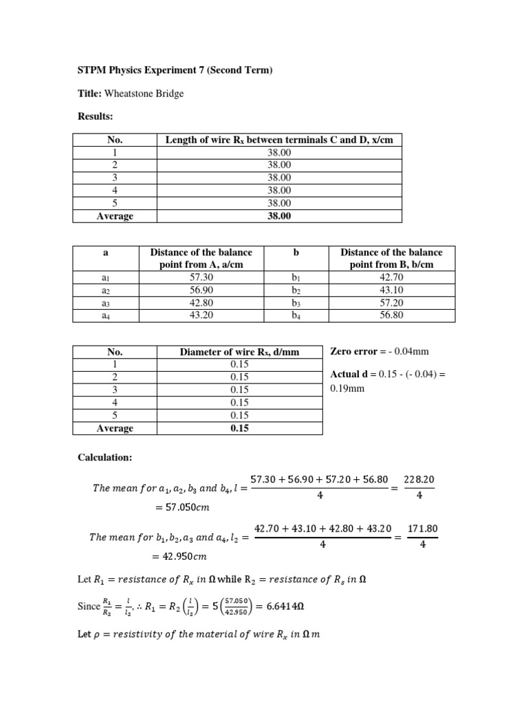 STPM Physics Experiment 7 Wheatstone Bridge Second Term | PDF ...