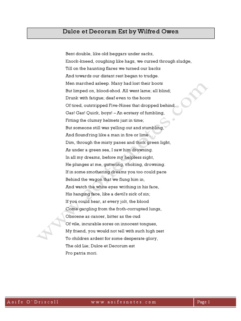 Dulce Et Decorum Est by Wilfred Owen | PDF | Poetry | Unrest