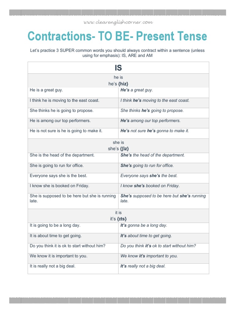 Contractions - To BE - Present Tense - Is - Are - Am | PDF | Leisure