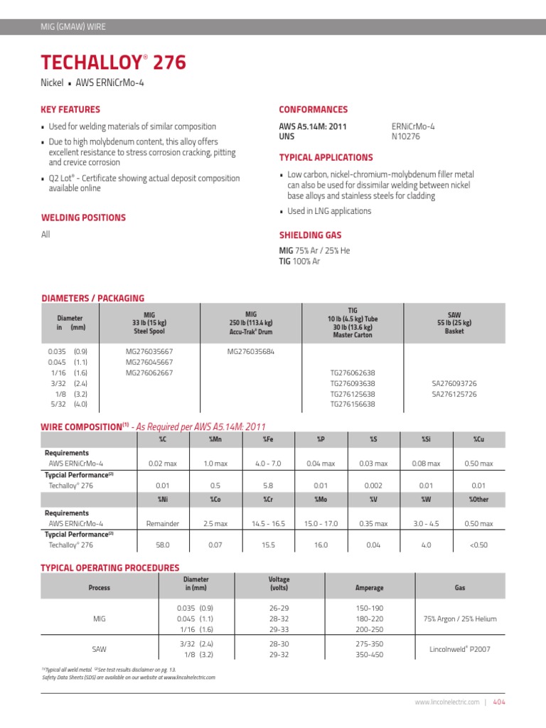 Techalloy 276 ERNiCrMo-4 | PDF | Welding | Construction