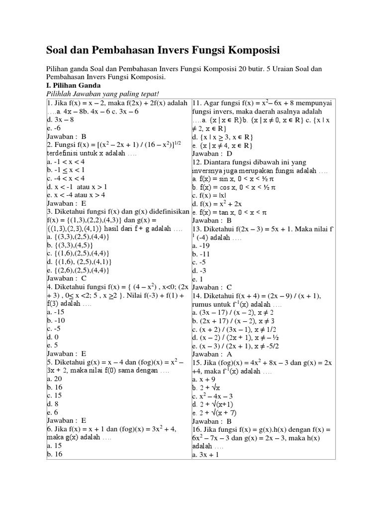 Soal Dan Pembahasan Invers Fungsi Komposisi | PDF