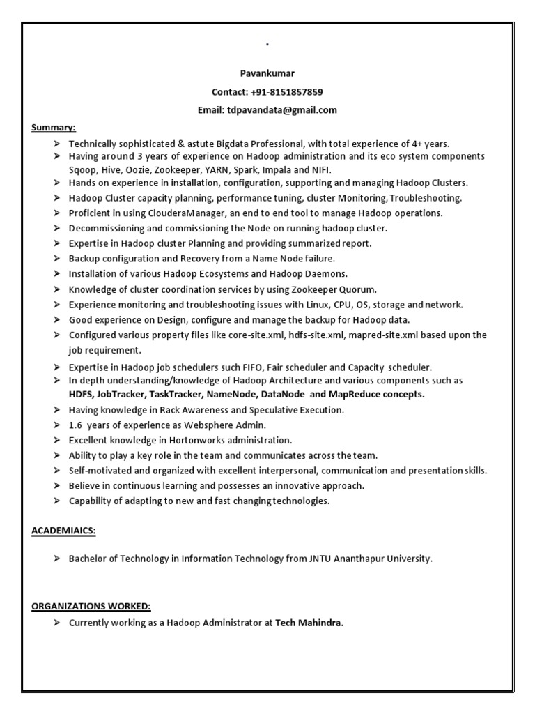 Pavan Resume | PDF | Apache Hadoop | Computer Architecture