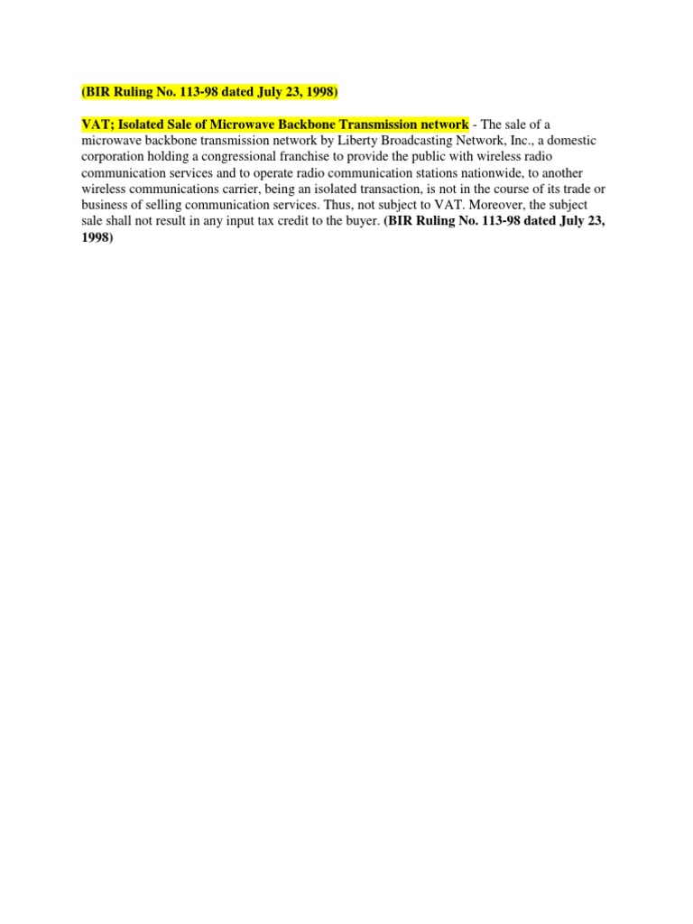 BIR Ruling No. 113-98 Dated July 23, 1998 | PDF