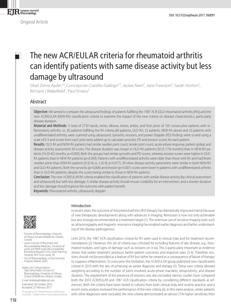 The New ACR/EULAR Criteria For Rheumatoid Arthritis Can Identify ...