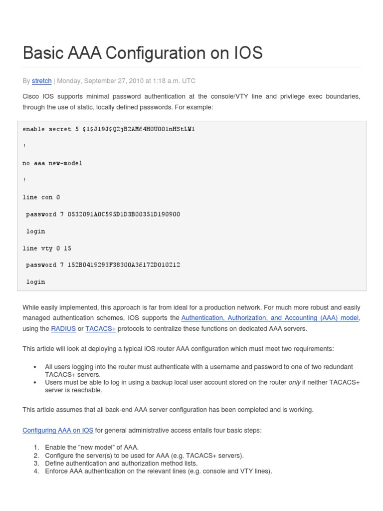 Basic AAA Configuration On IOS | PDF | Radius | Password