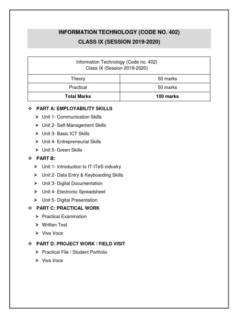 Information Technology (Code No. 402) CLASS IX (SESSION 2019-2020 ...