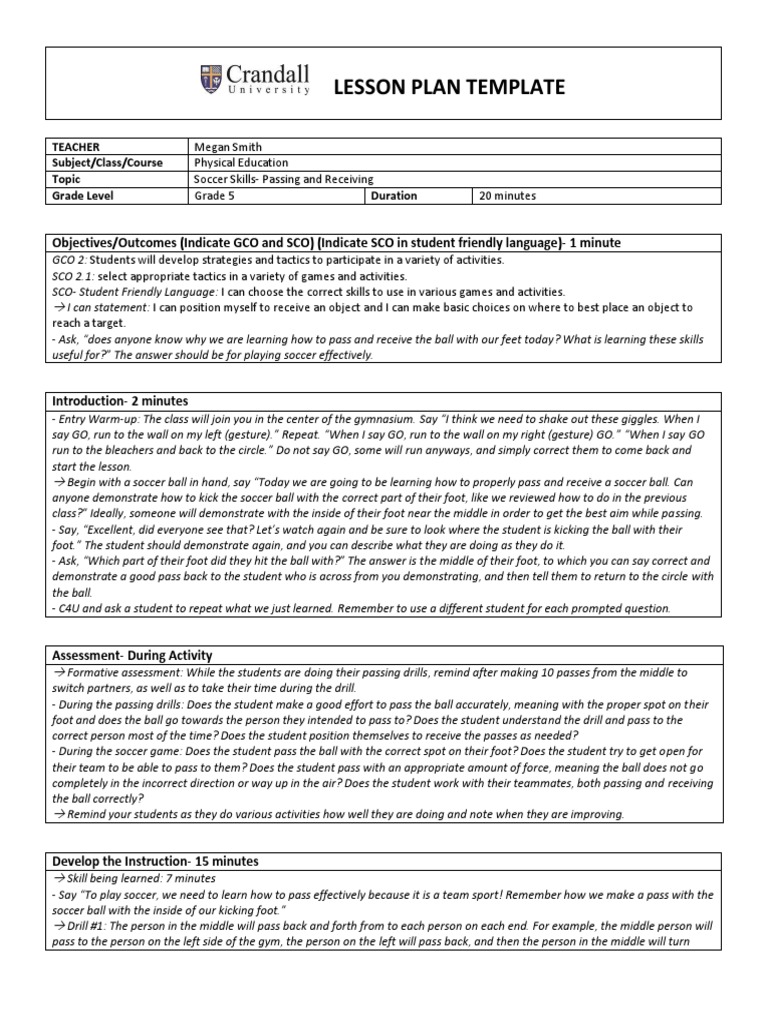 Soccer Passing Lesson Plan for PE | PDF | Lesson Plan | Physical Education