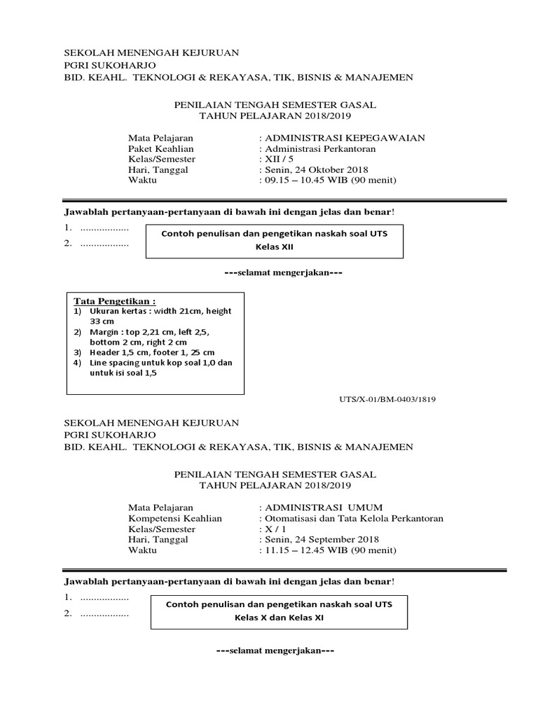 Contoh Penulisan Dan Pengetikan Naskah Soal | PDF