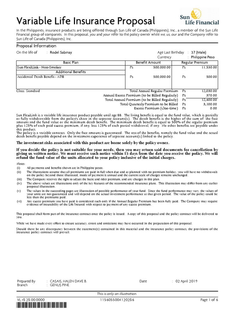 Variable Life Insurance Proposal | PDF | Investment Fund | Insurance