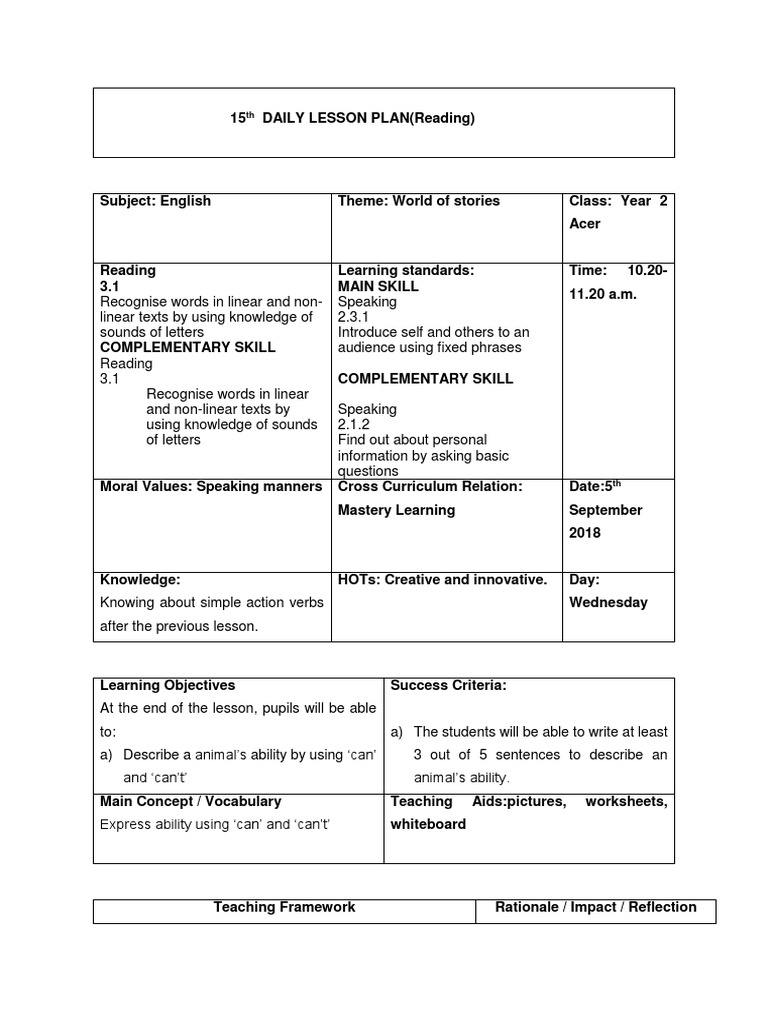 15th Lesson Plan (Reading) | PDF | Lesson Plan | Reading Comprehension