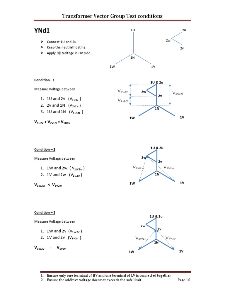 Transformer Vector Group Test Conditions: 1. 1U and 2v (V) 2. 2v and 1N ...