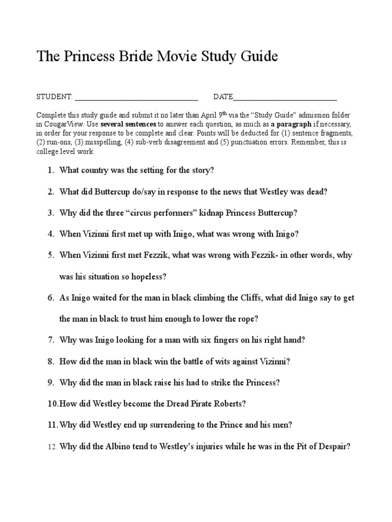 Princess Bride Study Guide | PDF | Language Arts & Discipline