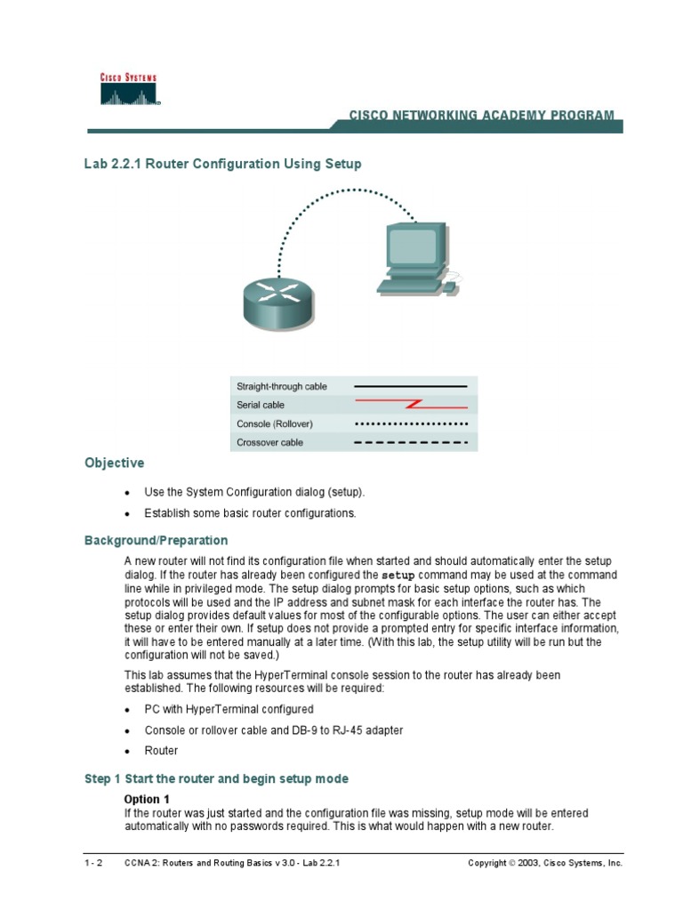 Lab 221 Router Configuration Using Setup Backgroundpreparation Pdf Router Computing 6158
