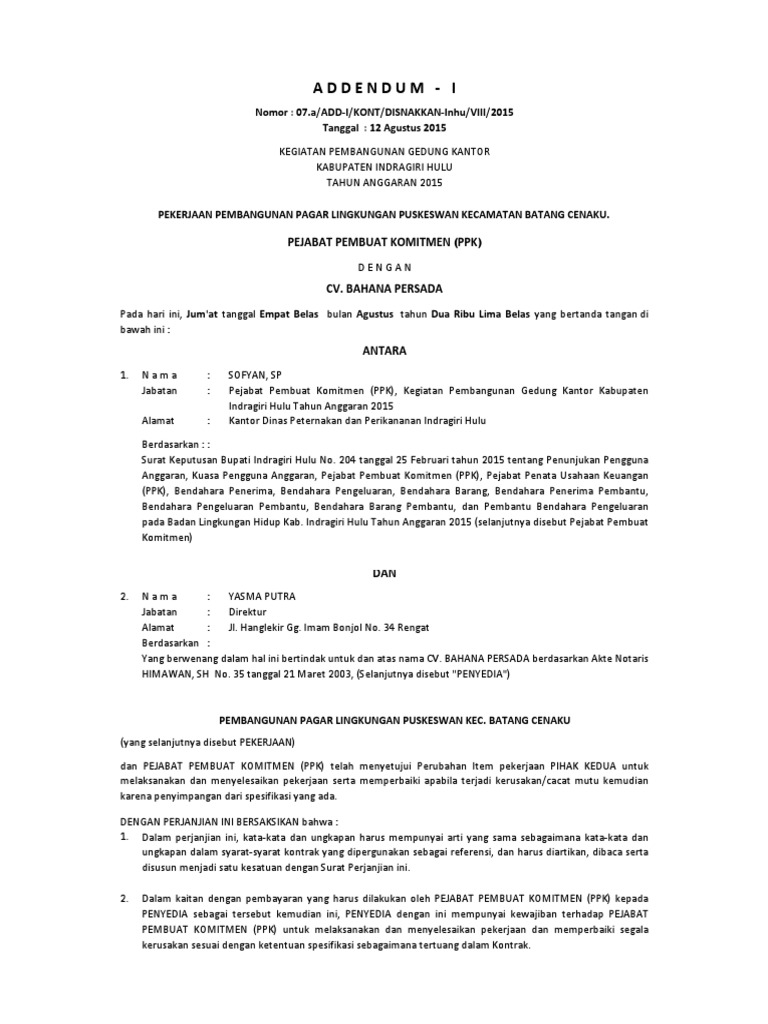 Adendum Perubahan Nilai Kontrak 2015 | PDF