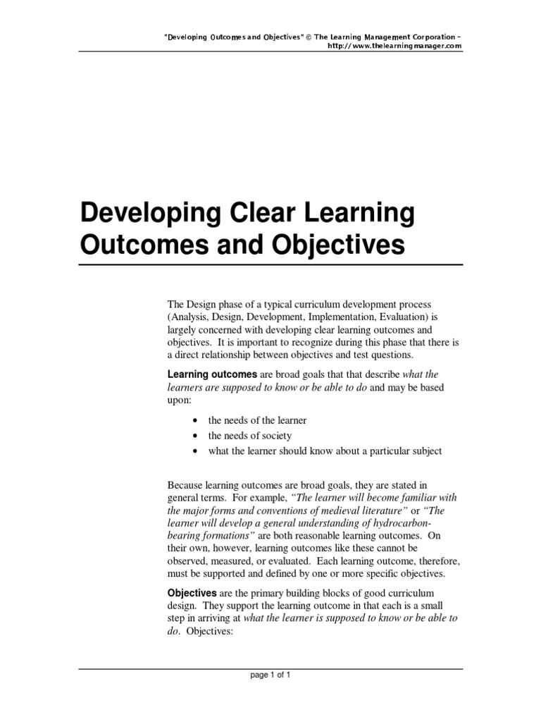 Developing Clear Learning Outcomes and Objectives PDF | PDF ...