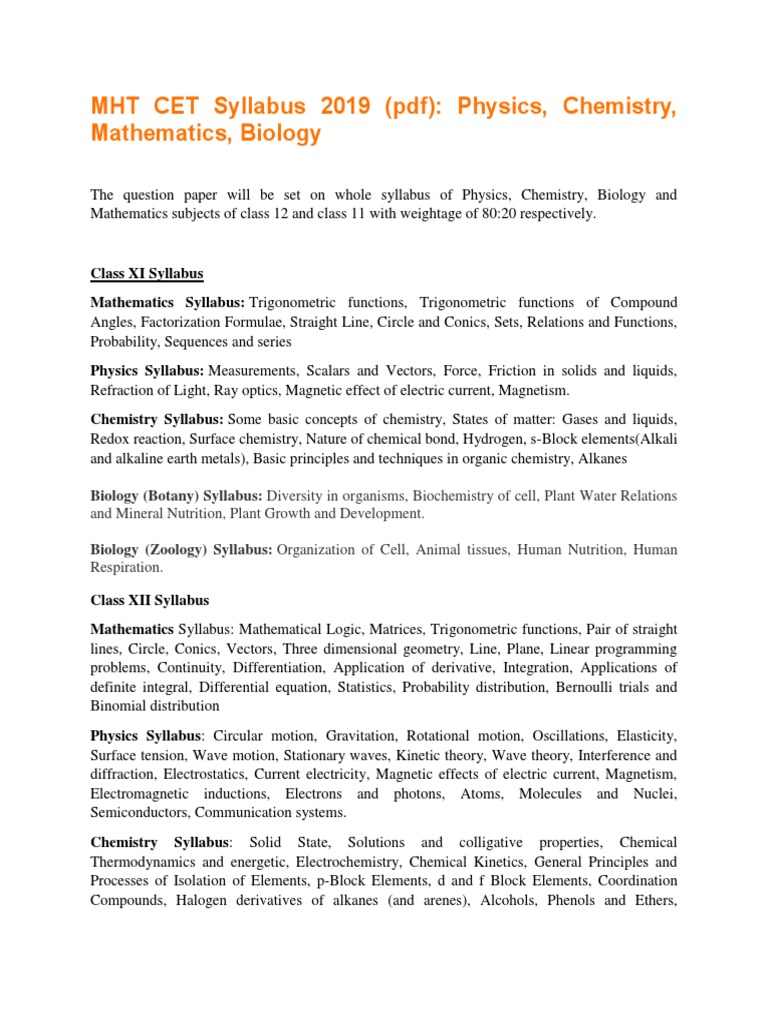 MHT CET Syllabus 2019 (PDF) : Physics, Chemistry, Mathematics, Biology ...