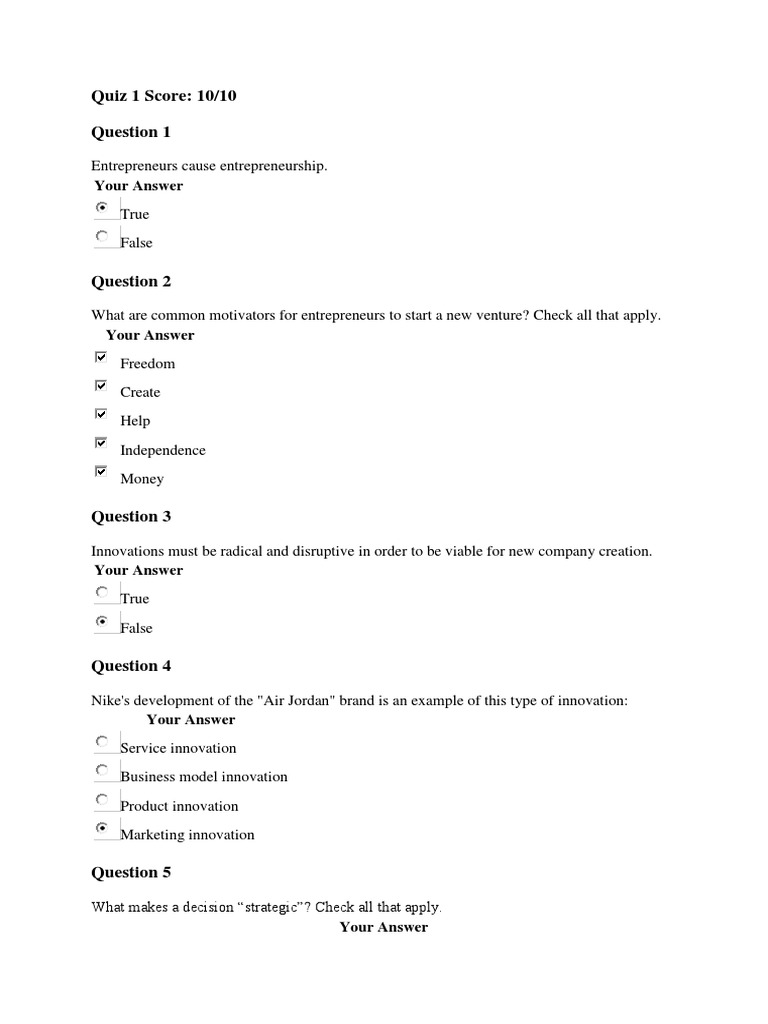 Entrepreneurship and Innovation Quiz 1 | PDF