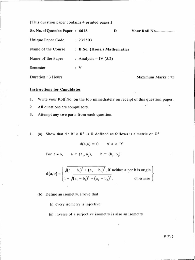 B.SC. (Hons.) Mathematics Analysis - IV (5.2) SEM-V (6618) PDF | PDF | Metric Space | Analysis