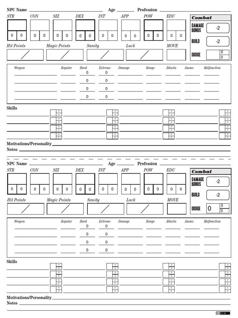 COC7e NPC Sheet Mooks and Minor FormFillable | PDF | Gaming | Leisure ...