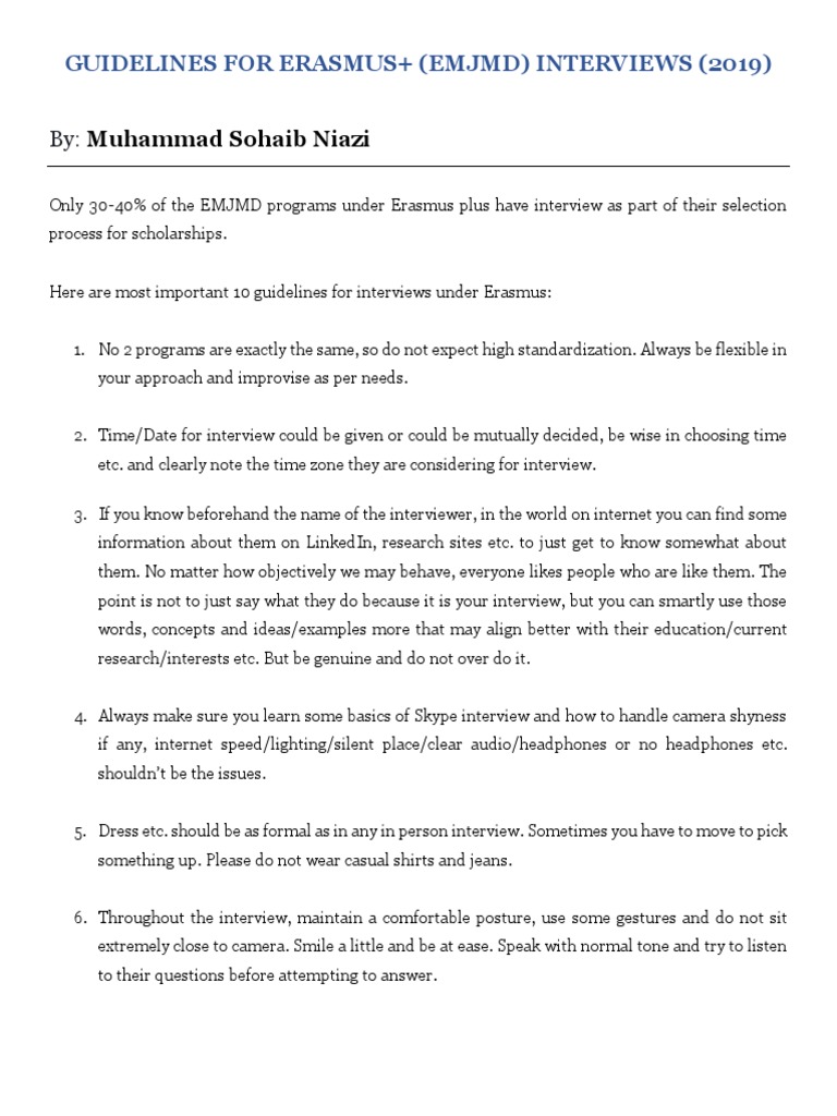 GUIDELINES FOR ERASMUS+ (EMJMD) INTERVIEWS (2019) - Sohaib Niazi PDF ...