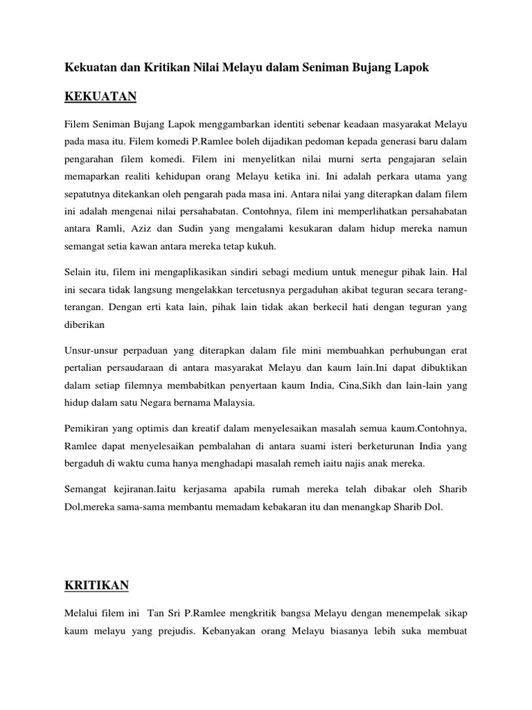 Kekuatan Dan Kritikan Nilai Melayu Dalam Seniman Bujang Lapok | PDF