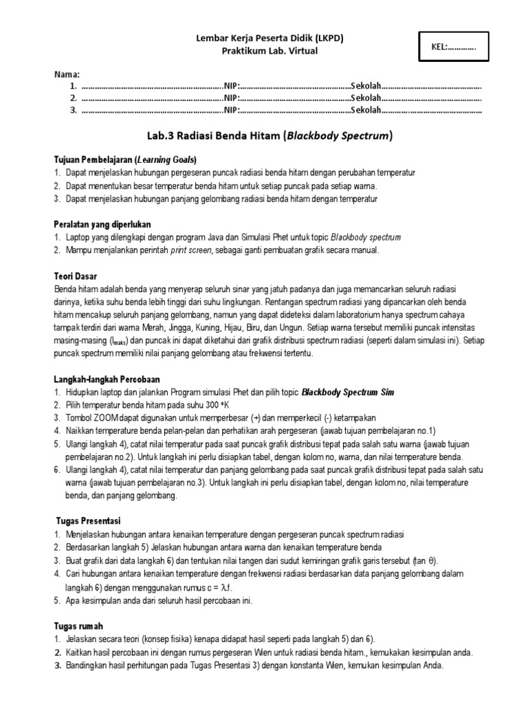 Lab 2-1 LKPD Blackbody Spectrum (PhET) | PDF