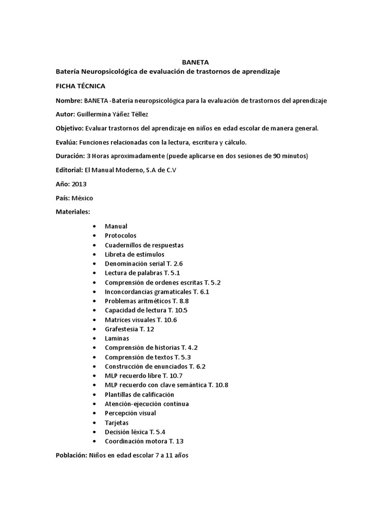 BANETA | PDF | Memoria | Evaluación neuropsicológica