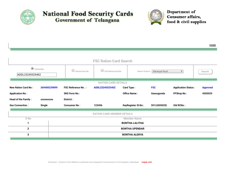 FSC Ration Card Search: ADDL23245525402 | PDF