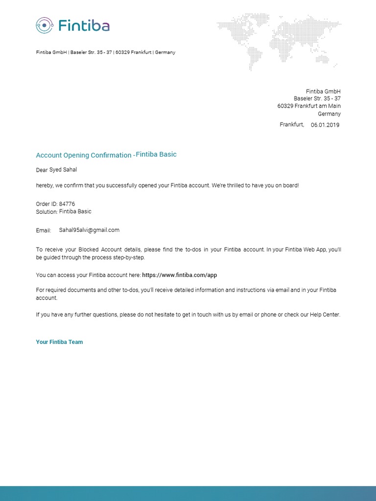 Account Opening Confirmation - : Fintiba Basic | PDF