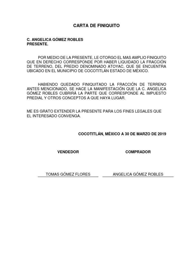Carta de finiquito terreno Cocotitlán | PDF