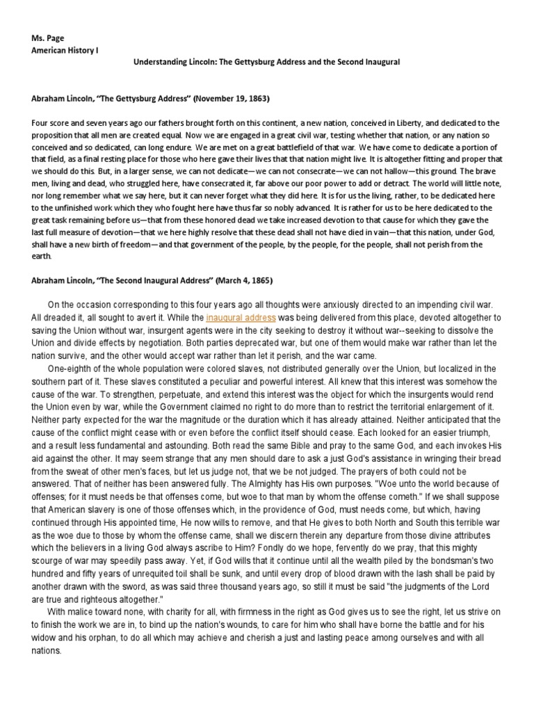 The Gettysburg Address and Second Inaugural | PDF | Abraham Lincoln ...