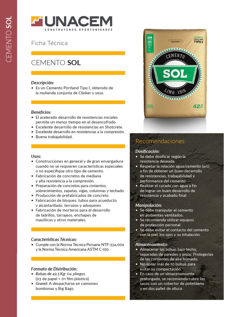 Ficha Técnica Cemento Sol Tipo I | PDF | Cemento | Hormigón
