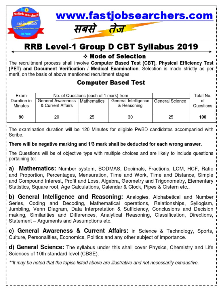 Update !: RRB Level-1 Group D CBT Syllabus 2019 | PDF