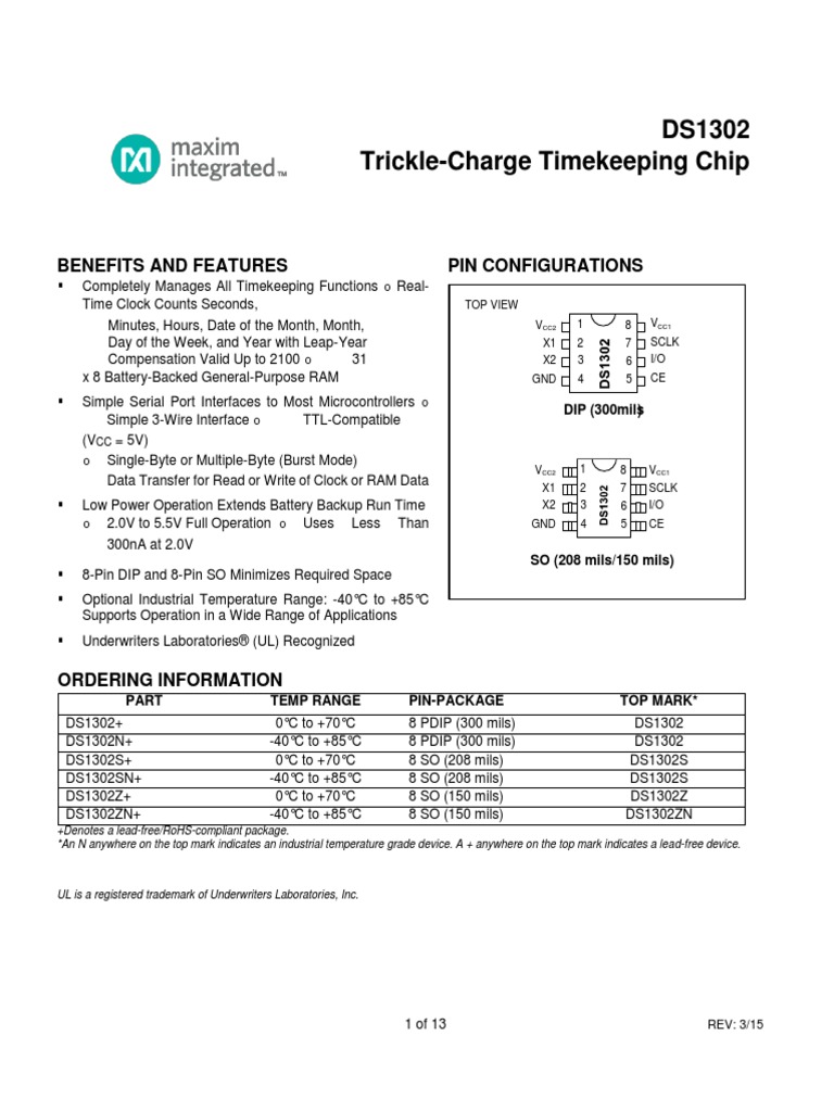 DS1302 Datasheet | PDF | Random Access Memory | Electronic Circuits
