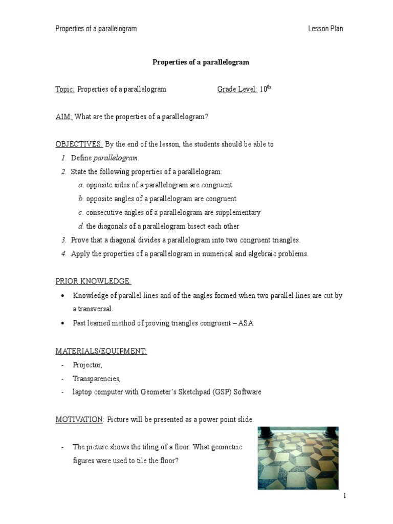 Properties of A Parallelogram Lesson Plan | PDF | Triangle | Angle