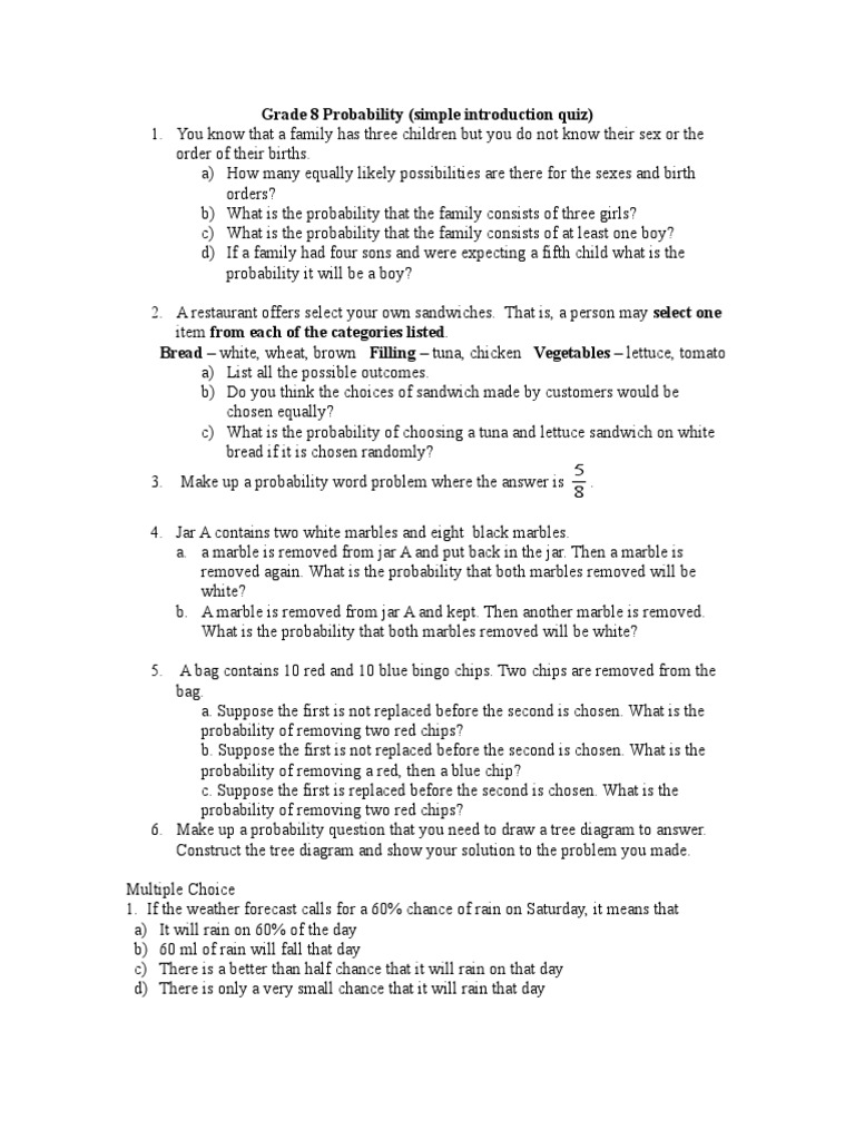 Grade 8 Probability Intro Quiz | PDF | Odds | Sandwich