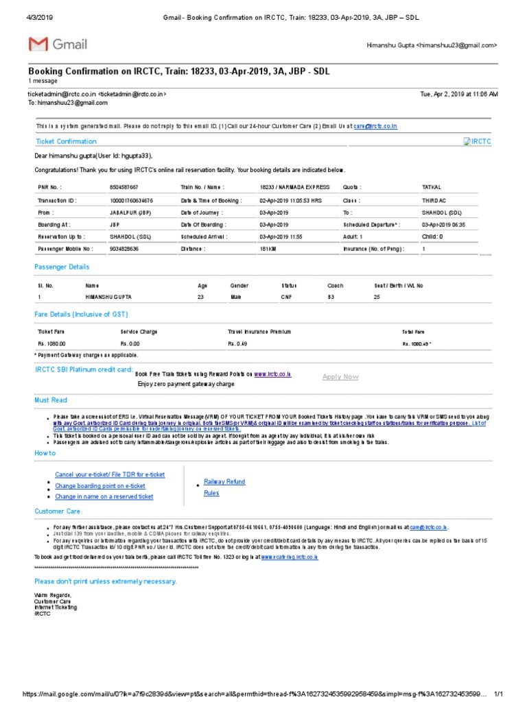 Train - 18233, 03-Apr-2019, 3A, JBP - SDL NEW | PDF | Credit Card ...